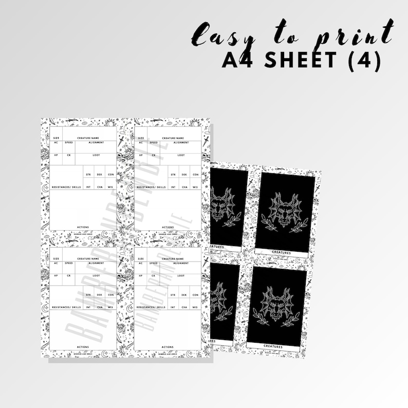 Black and White Creature Cards: Fillable D&D 5e Template (digital ...