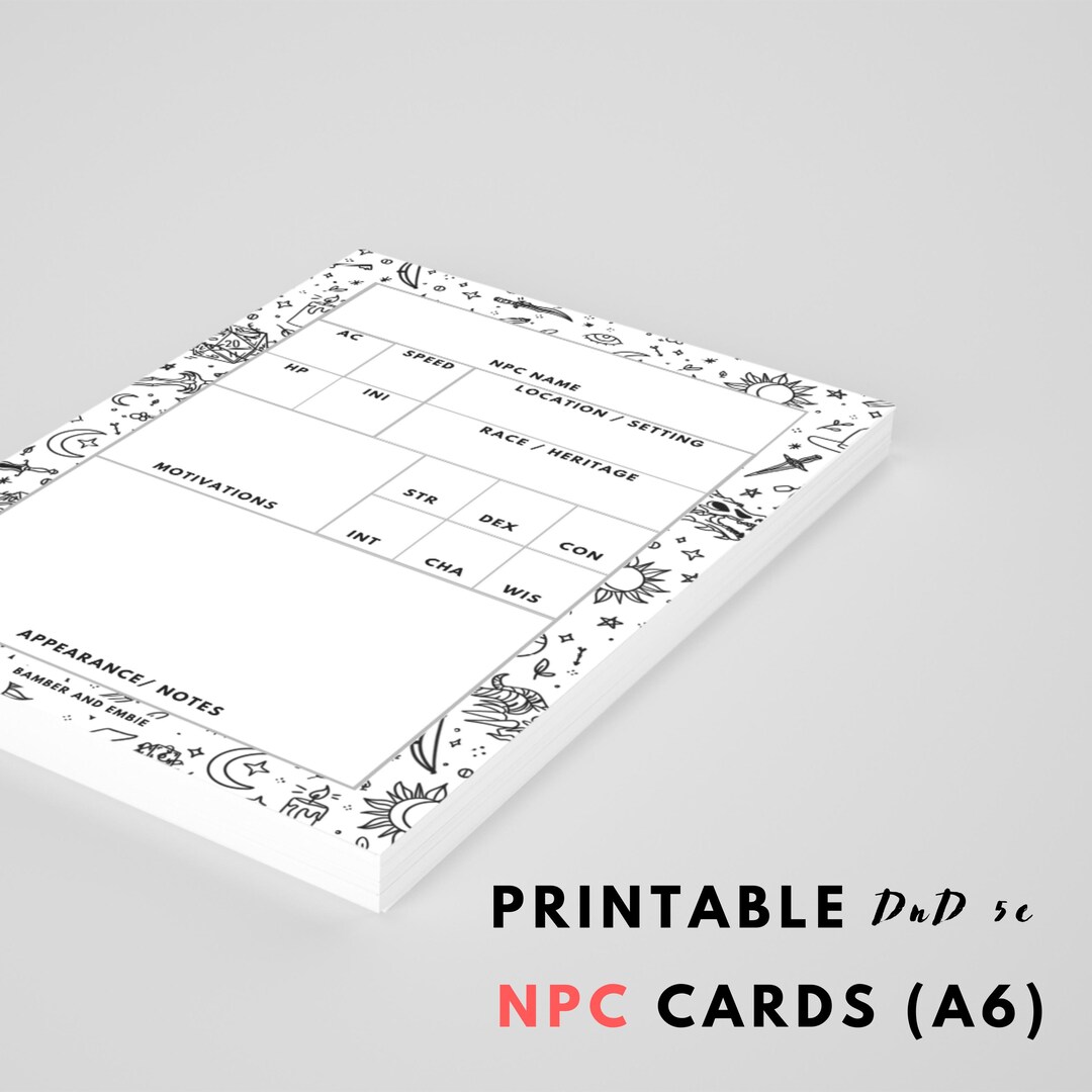Black and White NPC Cards: Fillable D&D 5e Template (digital Download ...