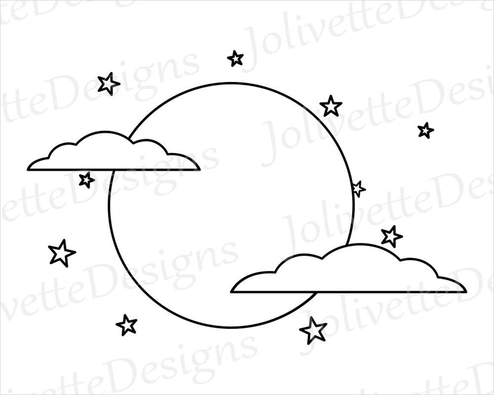 Full Moon Clouds Stars Night Sky Clouds Clipart Design | Etsy