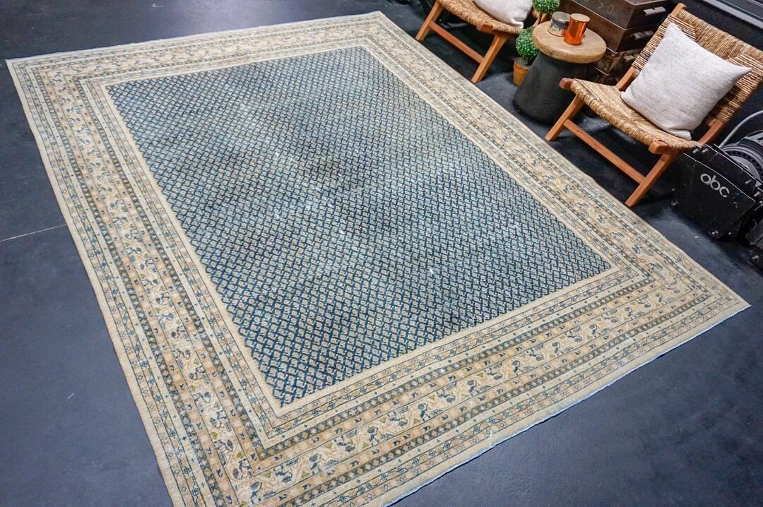 8’ X 10’1 Classic Vintage Carpet Muted Midnight Blue, Beige & Camel SB ...