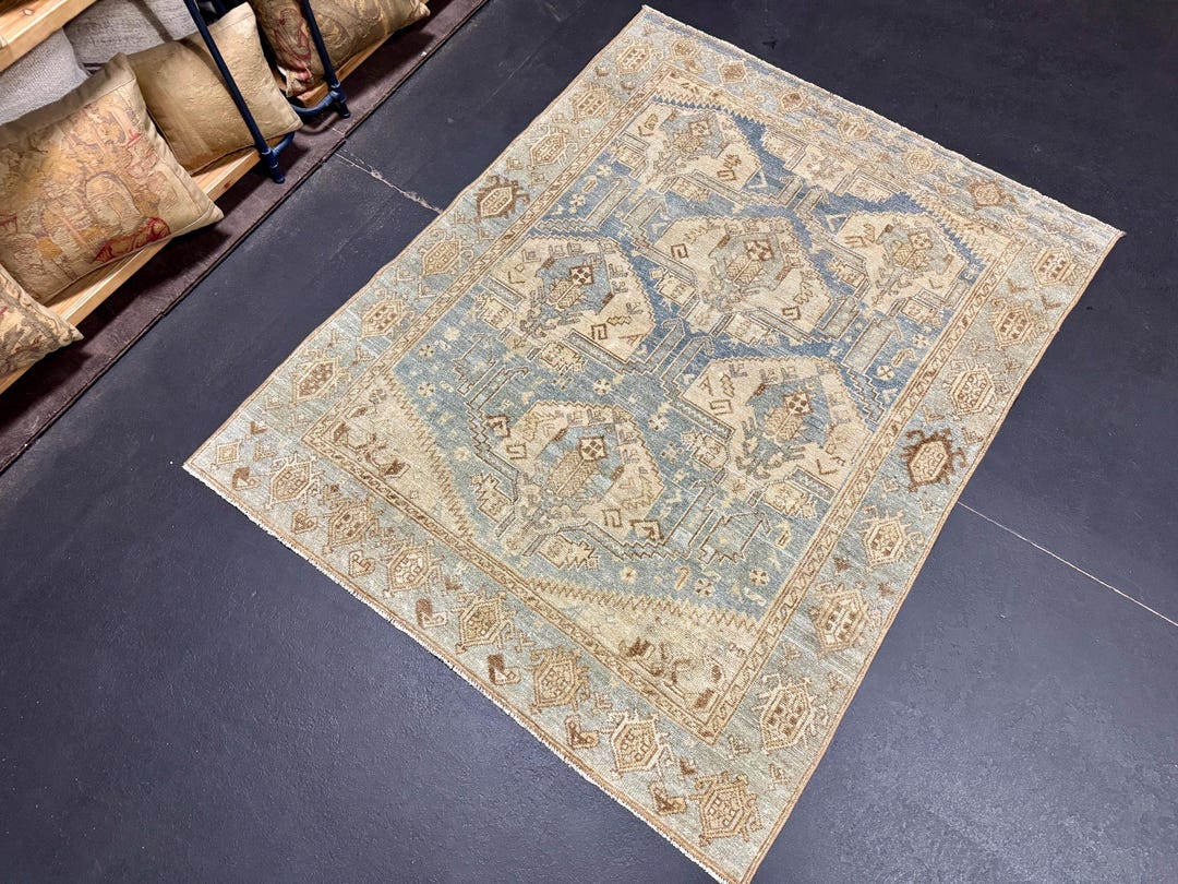4’2 X 5’3 Classic Vintage Rug Muted Denim Blue & Beige 5732 - Etsy