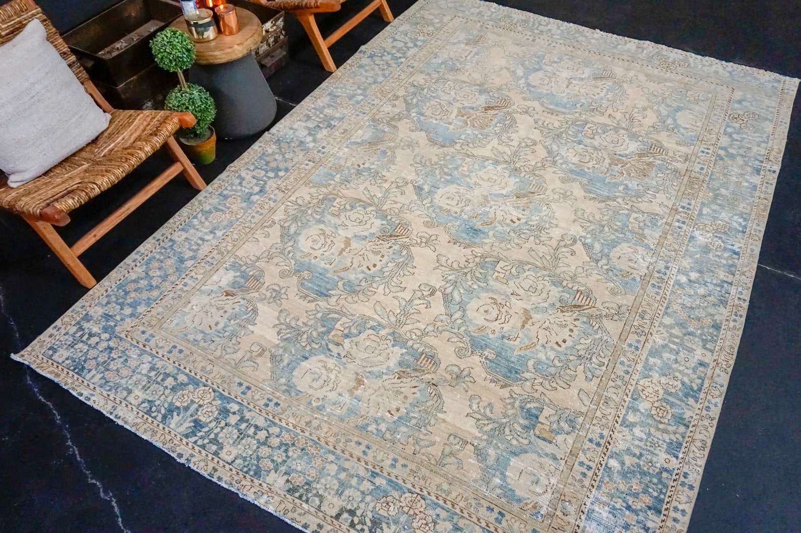 7’ X 10’1 Classic Vintage Rug Muted Blue + Blush-beige Carpet - Etsy