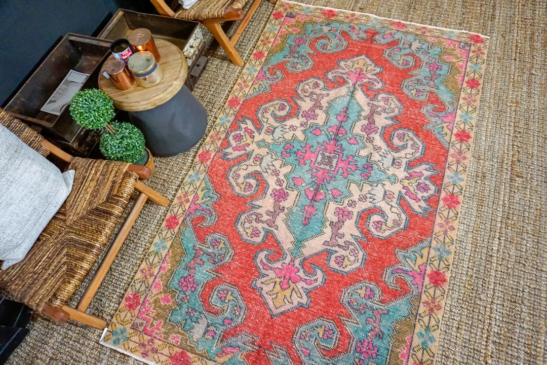 44 X 75 Oushak Rug Muted Watermelon Red Turquoise Blue - Etsy