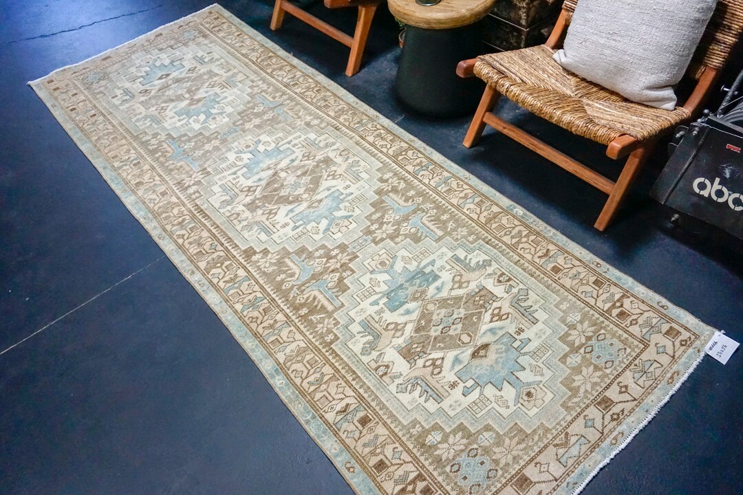 3’4 X 9’6 Vintage Runner Muted Denim Blue, Beige & Brown SB - Etsy
