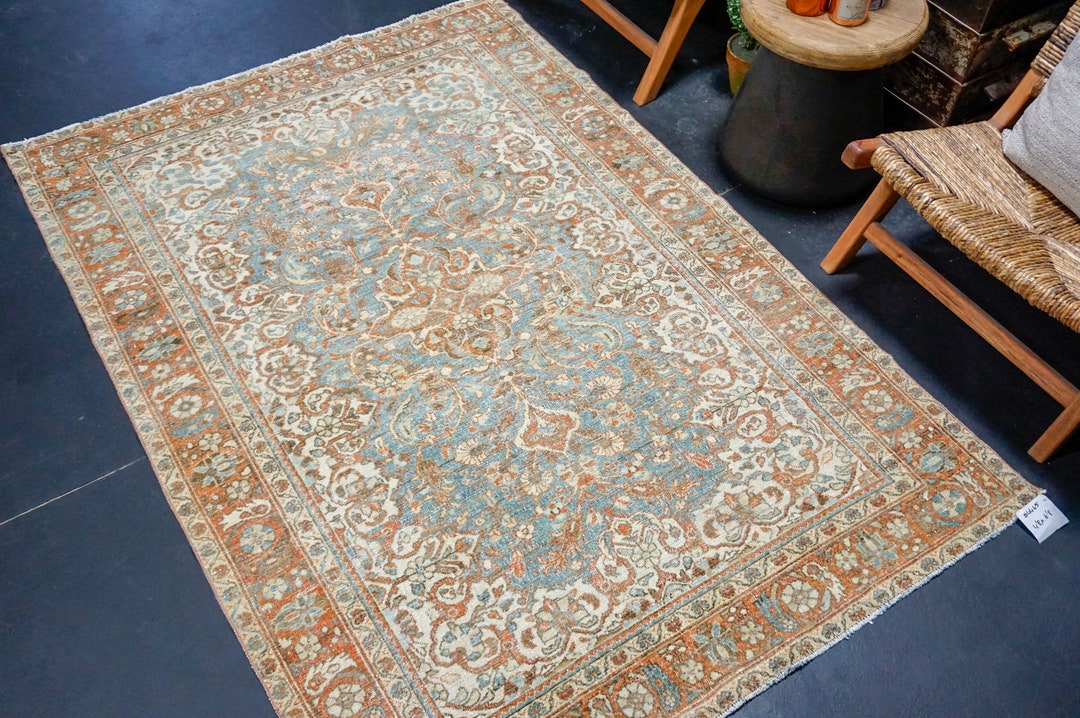 4’8 X 6’8 Classic Antique Carpet Muted Denim Blue, Burnt Orange + Cream ...