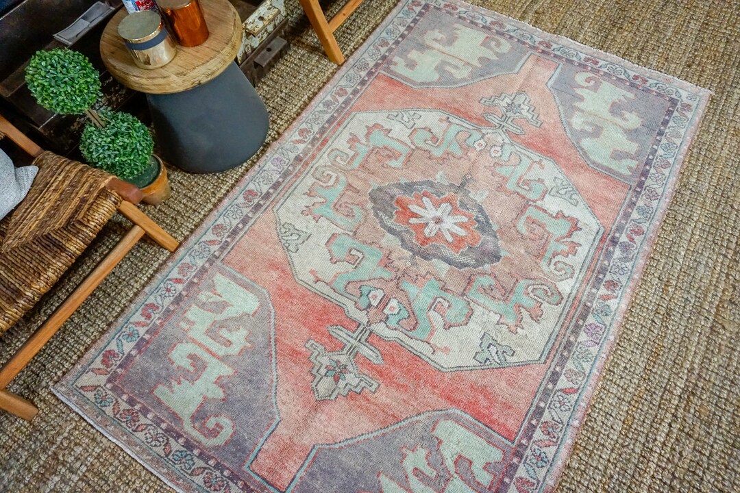 44 X 610 Oushak Rug Muted Red, Mint Green and Purple-gray Vintage ...