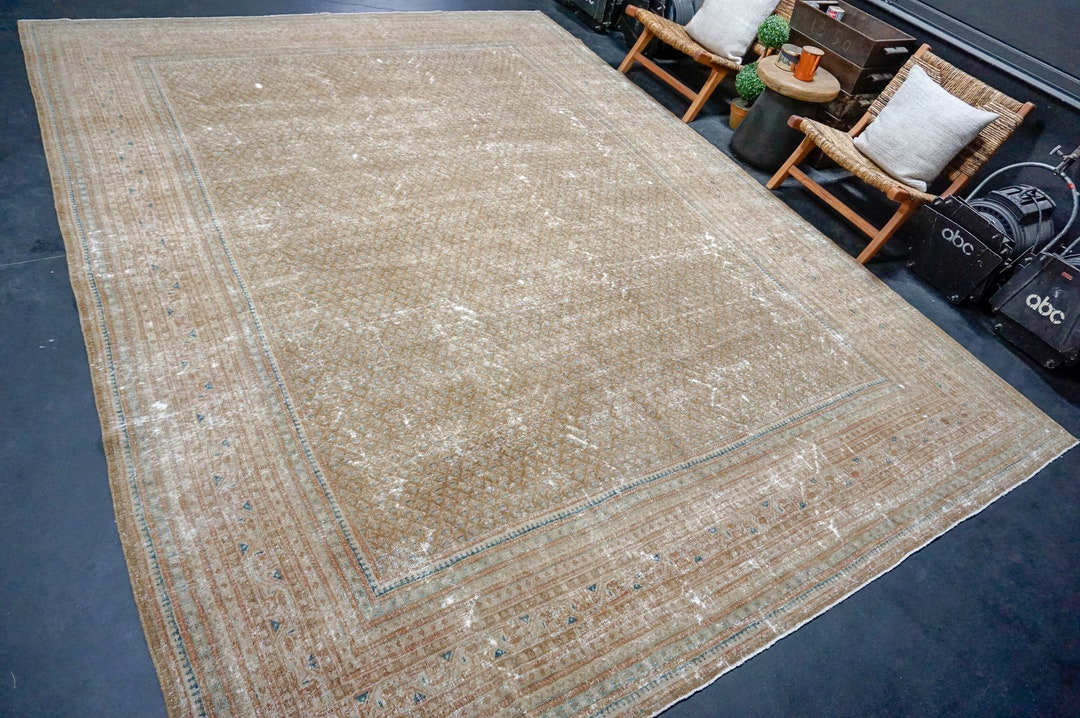 9’8 X 13’ Classic Vintage Carpet Muted Camel Brown, Denim Blue & Gray ...