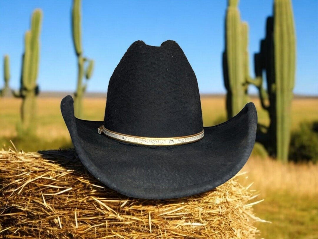 Black Felt Western Style Cowboy Hat W/ Gold Trim Size 6 3/4 Texas Hat ...