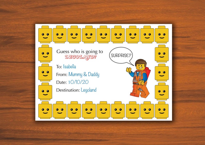 LEGOLAND Pretend Ticket, Ticket, Personalised Note, Postcard. Size A6 ...