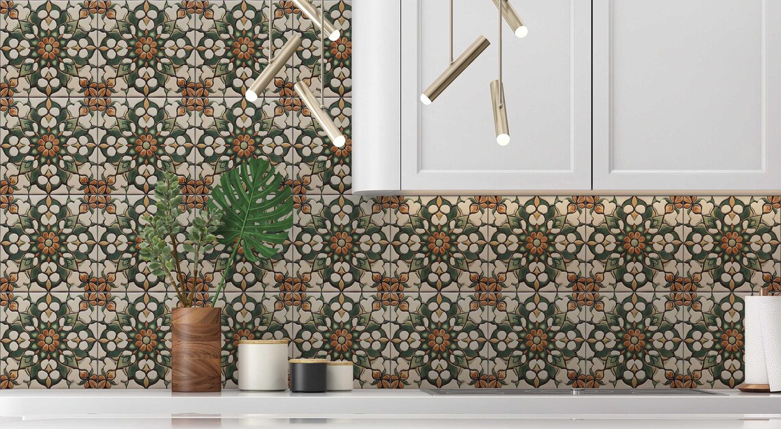 Green Copper Ceramic Tile - Vintage Design Patterned Tile - Unique ...