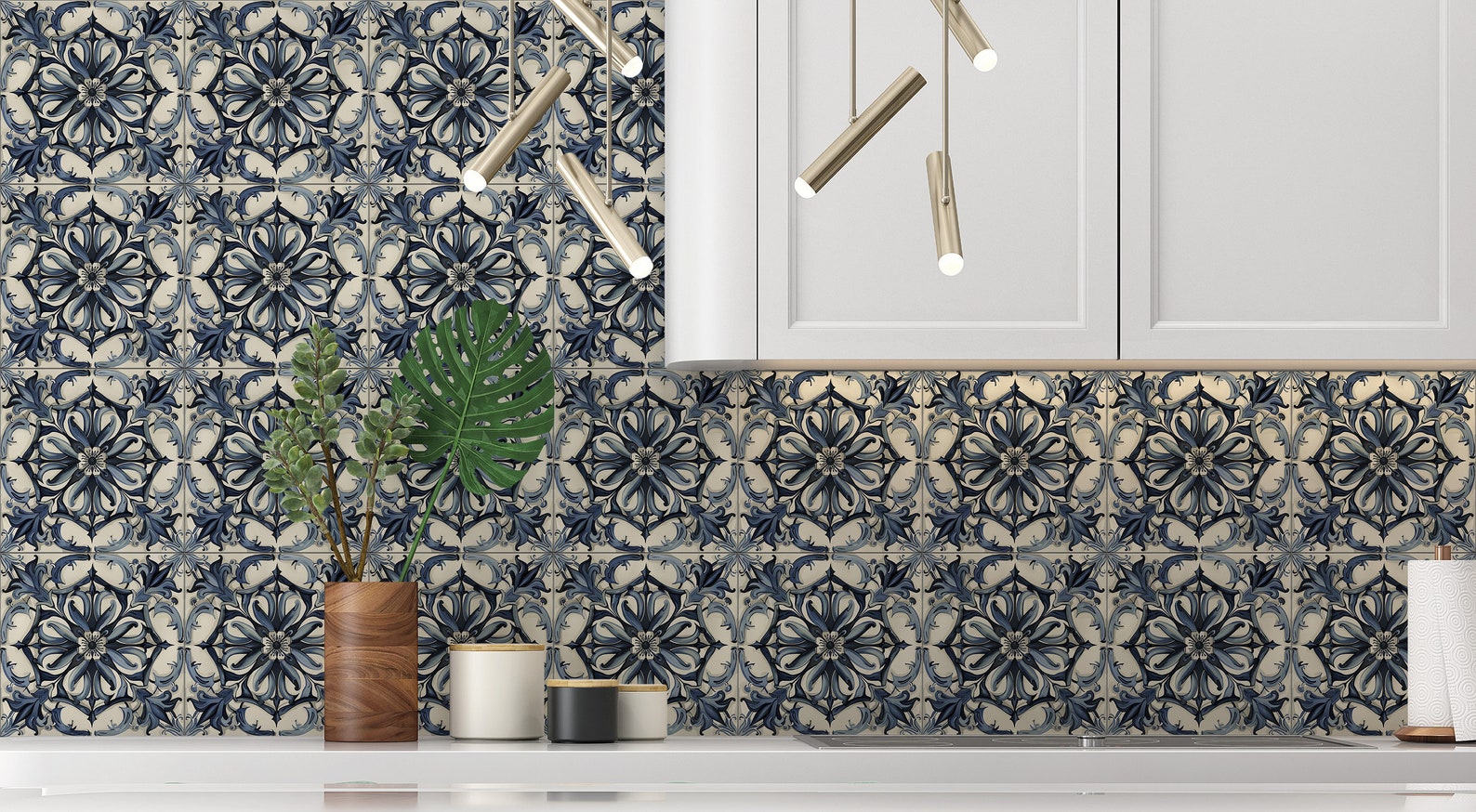Blue Gray Beige Ceramic Tile - Patterned Tile Backsplash - Blue Kitchen ...