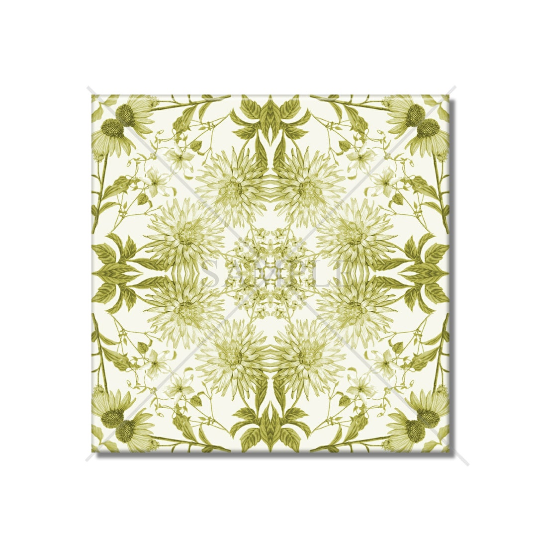 Vintage Botanical Floral Ceramic Tile Green Ceramic Tile Kitchen ...