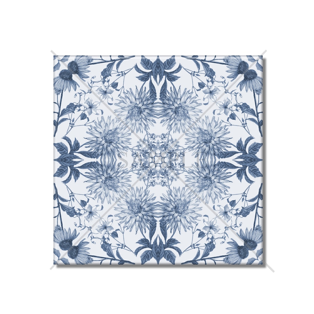Vintage Botanical Floral Ceramic Tile - Blue Grey Ceramic Tile ...