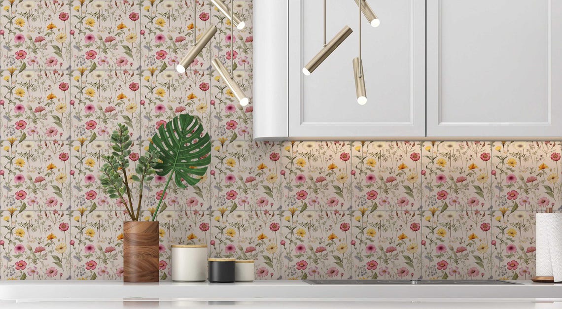 Botanical Floral Ceramic Tile - Kitchen Backsplash Tile - Bathroom Tile ...