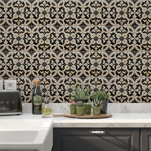 Rustic Black and Tan Ceramic Tile Patterned Tile Backsplash Kitchen ...