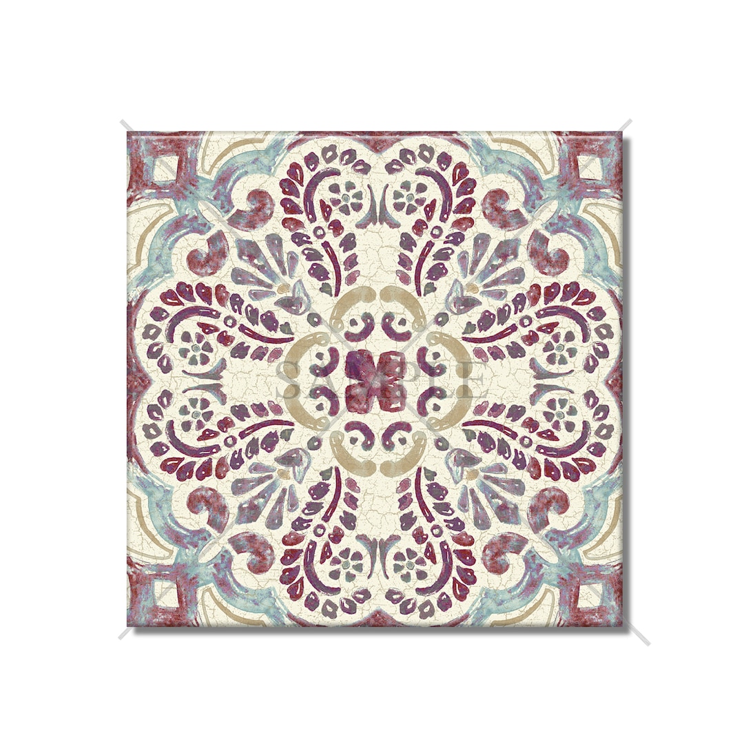 Blue and Red Wine Patterned Ceramic Tile - Multi Colored Vintage Design ...