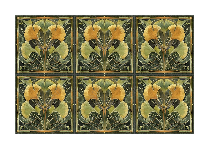 Vintage Art Nouveau Ceramic Tile Ginkgo Leaf Design Gold Green Kitchen ...