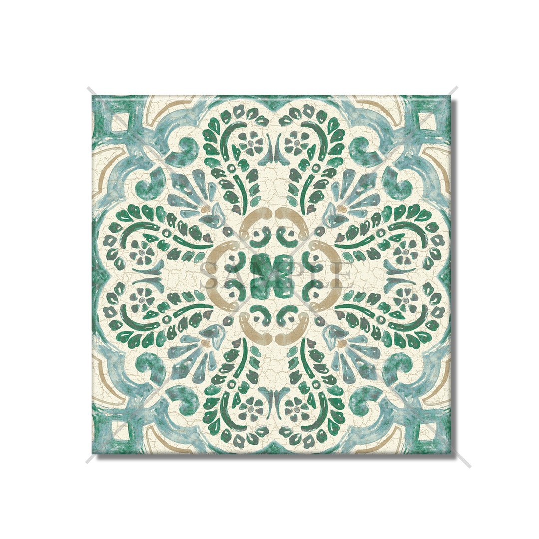 Blue Green and Tan Patterned Ceramic Tile - Multi Colored Vintage ...