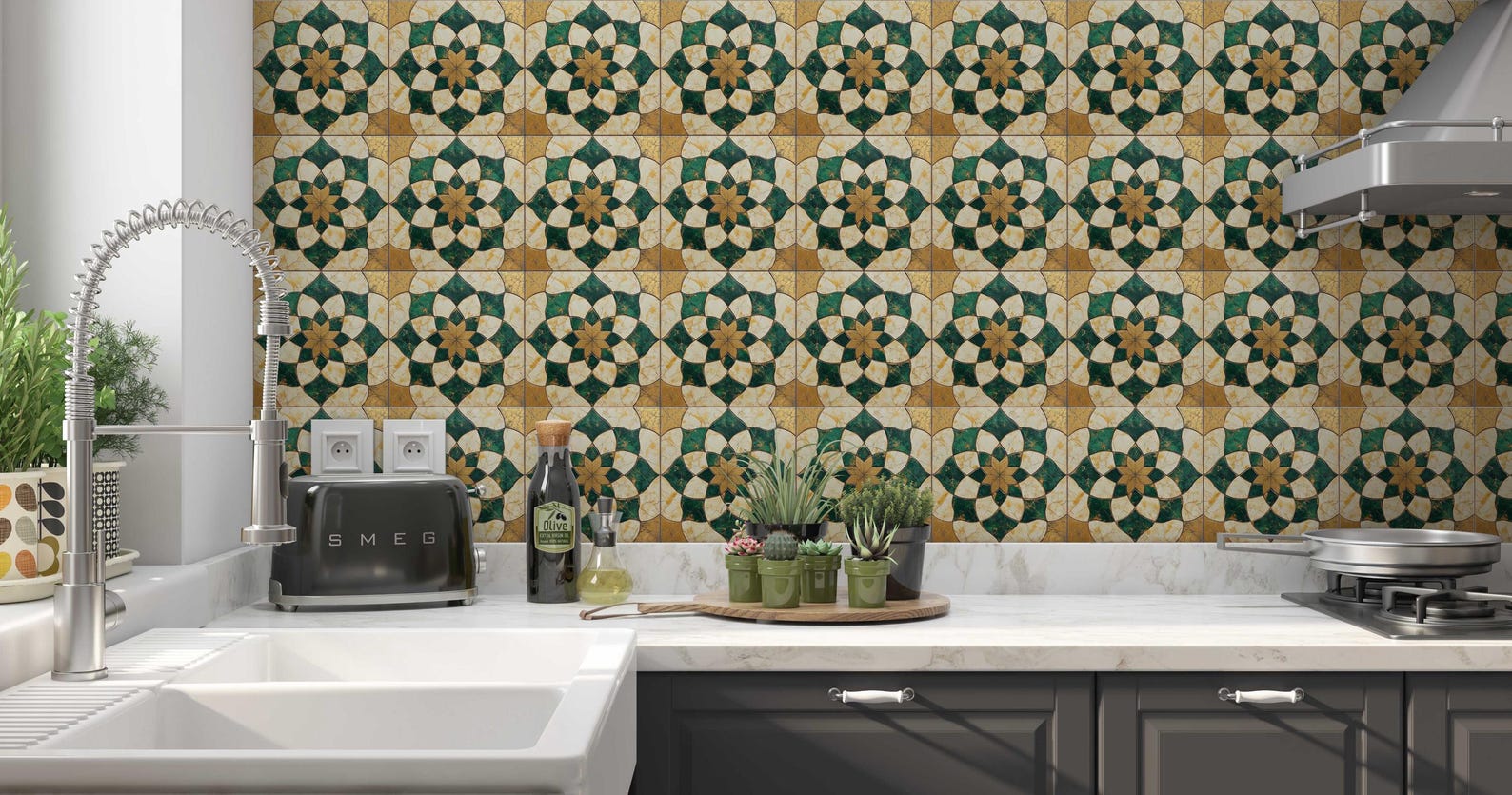 Dark Green Patterned Ceramic Tile - Vintage Aged Design Tile - Unique ...