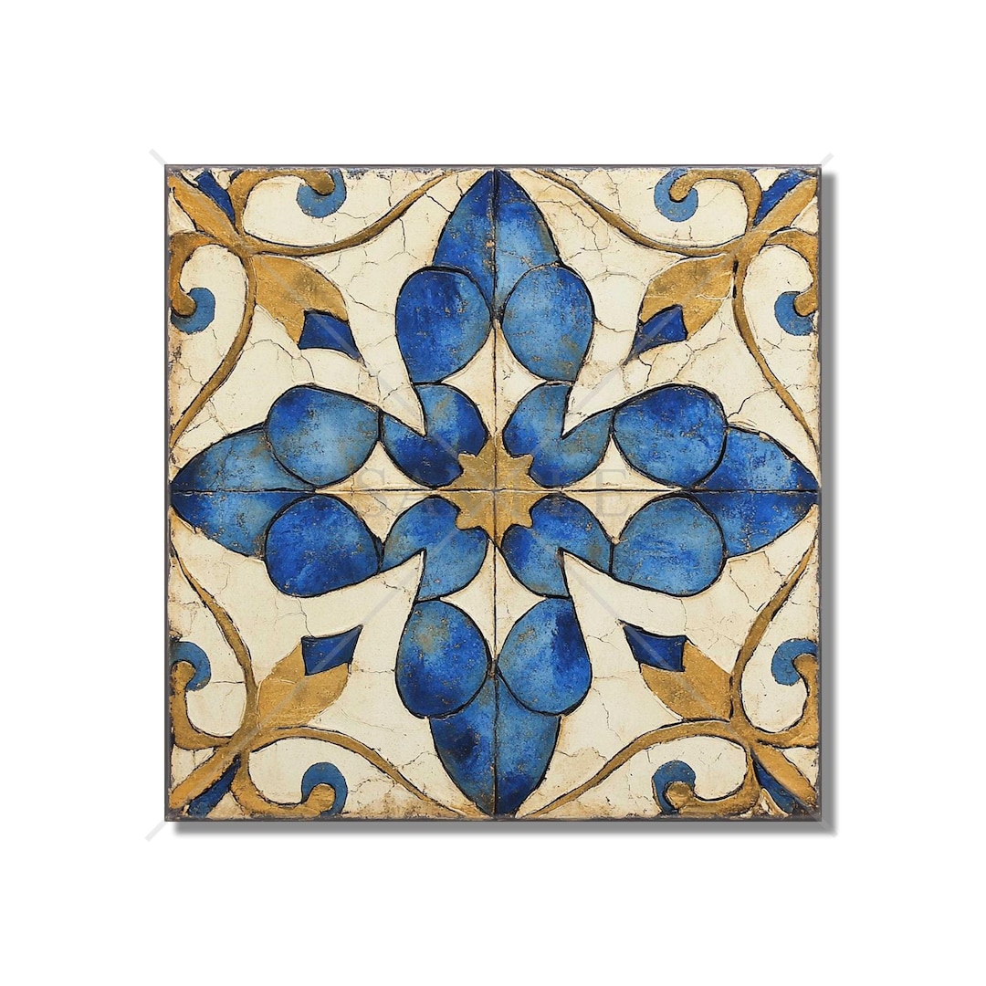 Blue Patterned Ceramic Tile - Vintage Moroccan Aged Design Tile ...