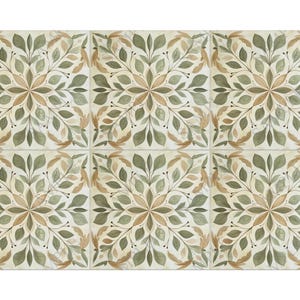 Neutral Green Beige Botanical Ceramic Tile Patterned Kitchen Backsplash ...