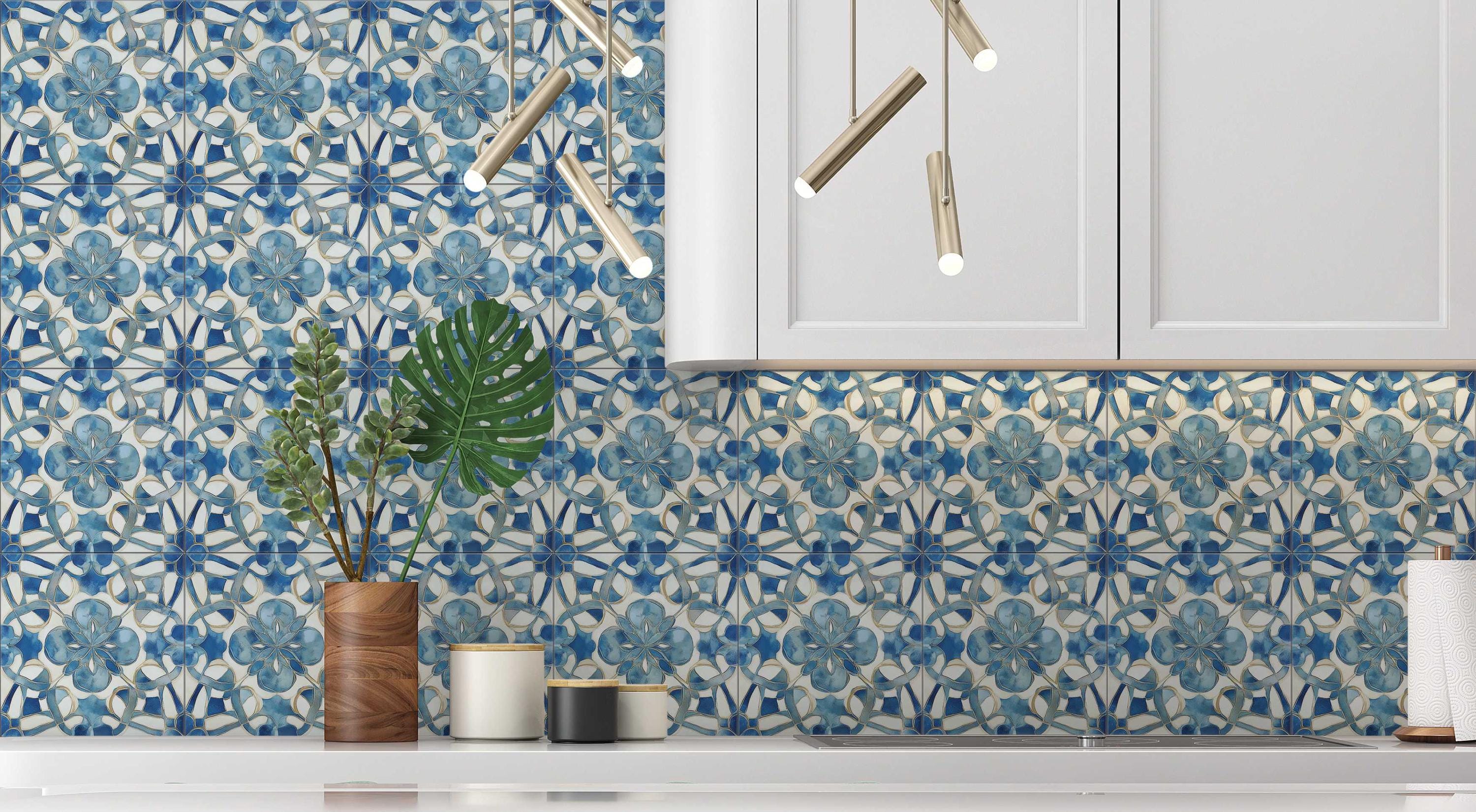 Blue Gray White Ceramic Tile - Patterned Tile Backsplash - Blue Kitchen ...