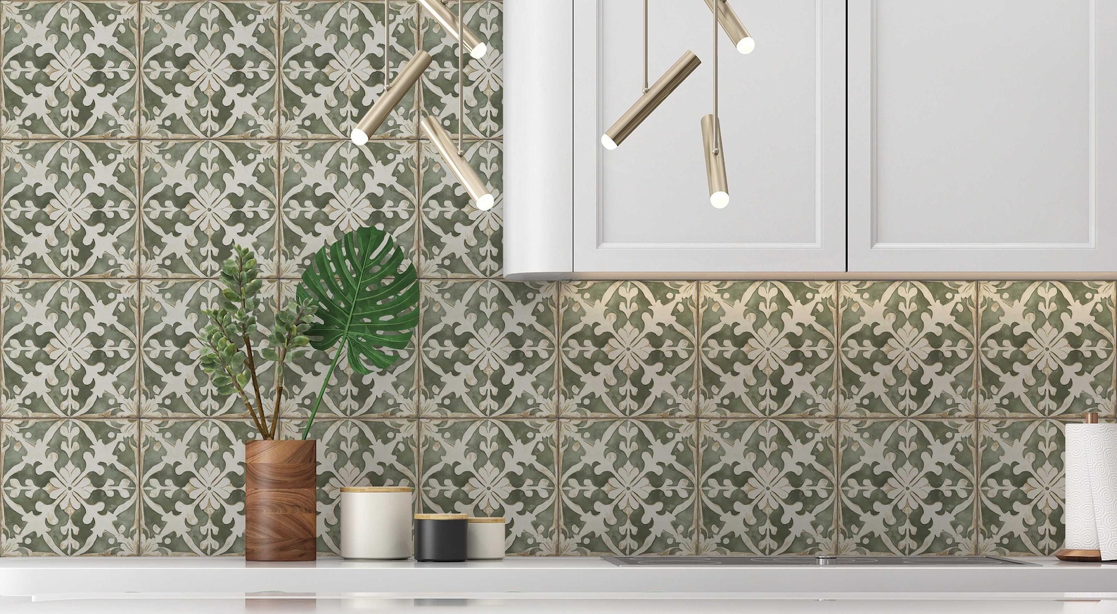 Antique Green Patterned Ceramic Tile - Green Kitchen Backsplash - Green ...