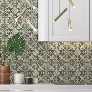 Antique Green Patterned Ceramic Tile - Green Kitchen Backsplash - Green ...