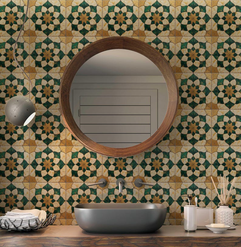 Dark Green Patterned Ceramic Tile - Vintage Aged Design Tile - Unique ...