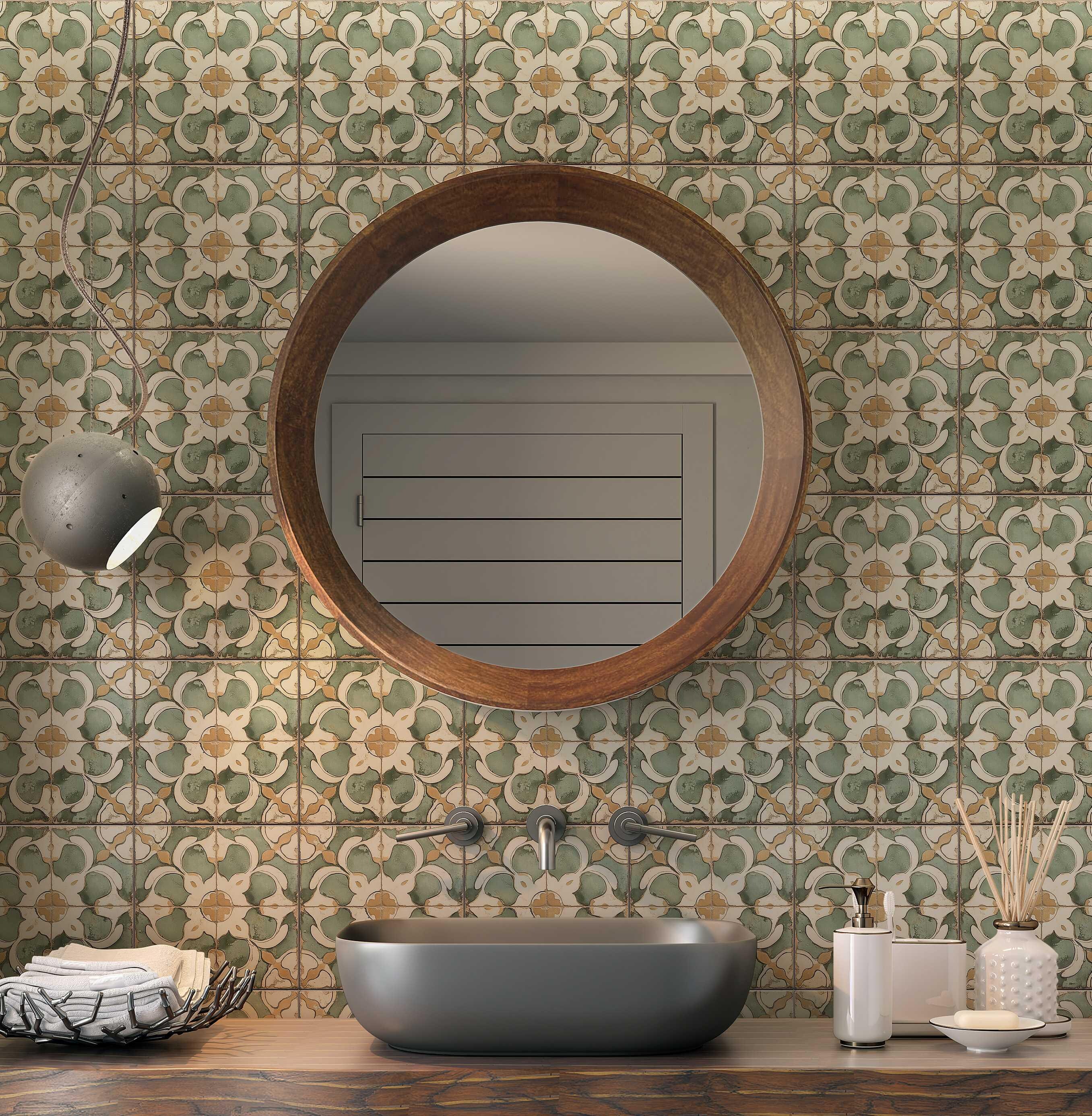 Antique Green Patterned Ceramic Tile - Green Kitchen Backsplash - Green ...