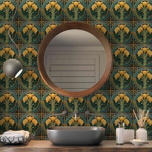 Ceramic Tile Yellow Green Vintage Art Nouveau Design Kitchen Backsplash ...