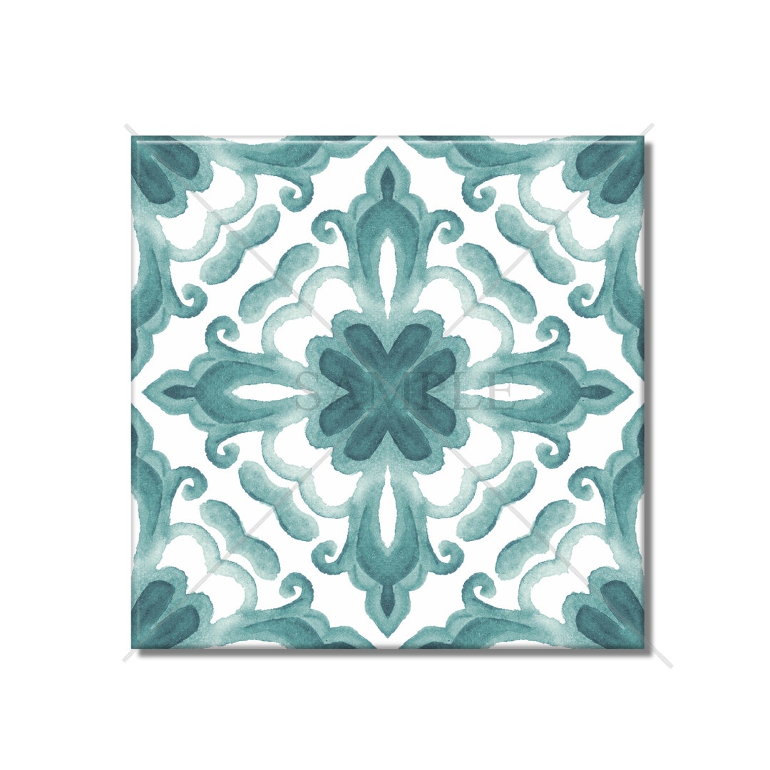 Teal White Ceramic Tile - Decorative Medallion Patterned Tile - Teal ...
