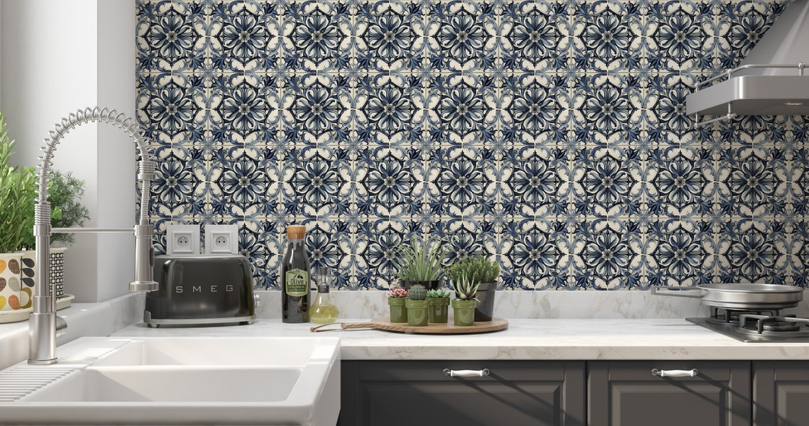 Blue Gray Beige Ceramic Tile - Patterned Tile Backsplash - Blue Kitchen ...