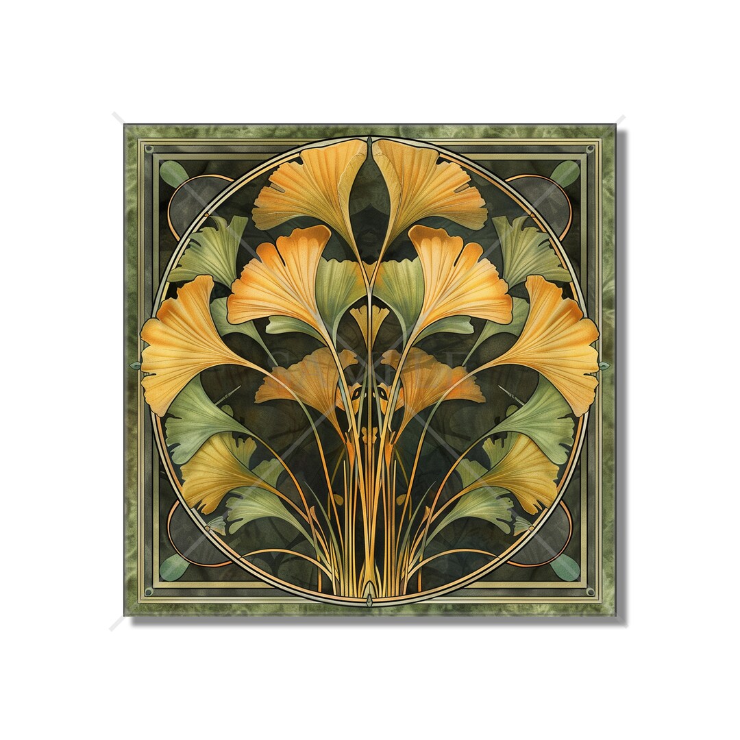 Vintage Art Nouveau Ceramic Tile Ginkgo Leaf Design Gold Green Kitchen ...
