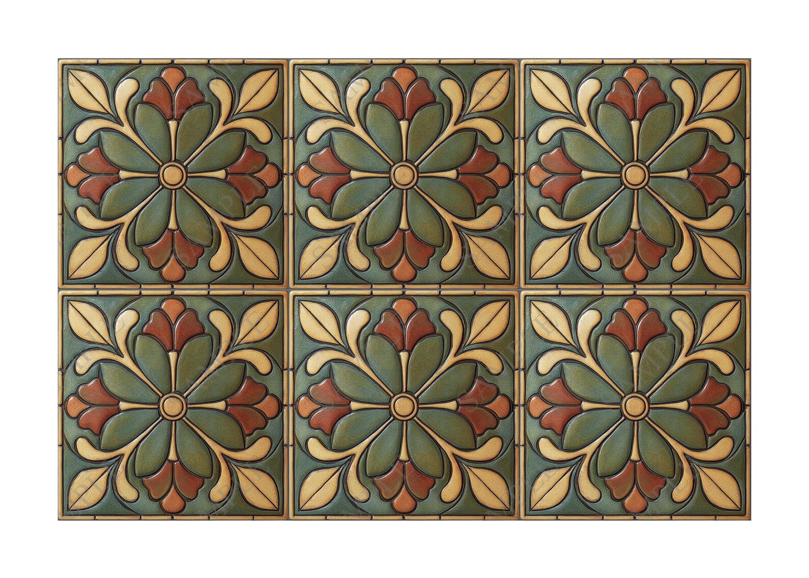 Green Ceramic Tile Vintage Art Nouveau Design Kitchen Backsplash Tile ...