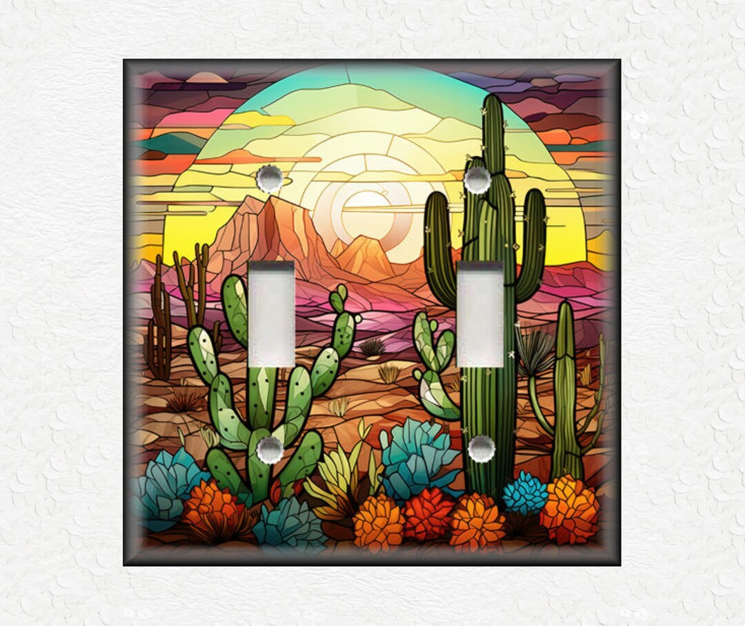 Cactus Desert Sunset Stained Glass Design Home Decor Cactus Decor ...