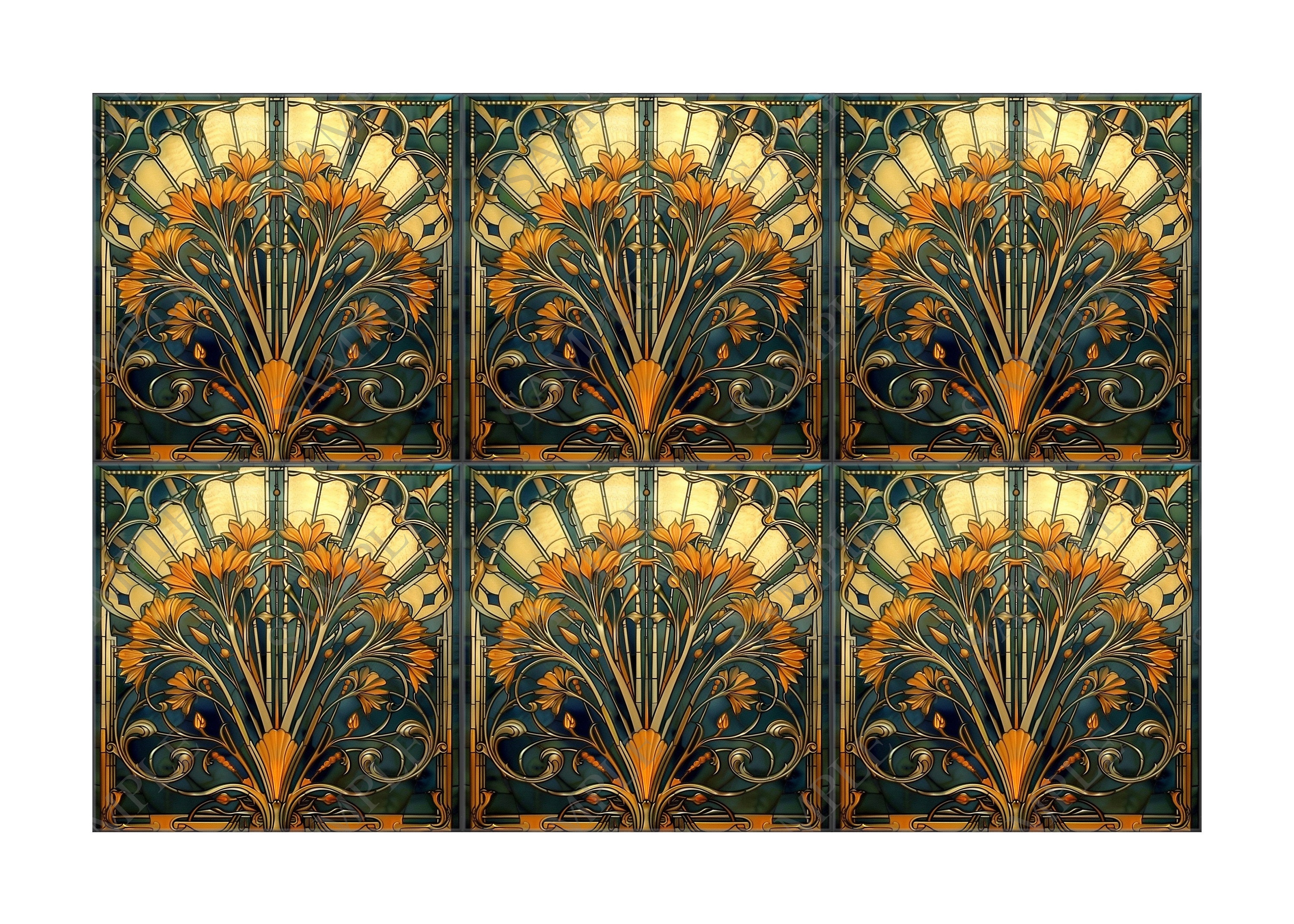 Vintage Art Nouveau Art Deco Design Ceramic Tile Blue Green Gold ...