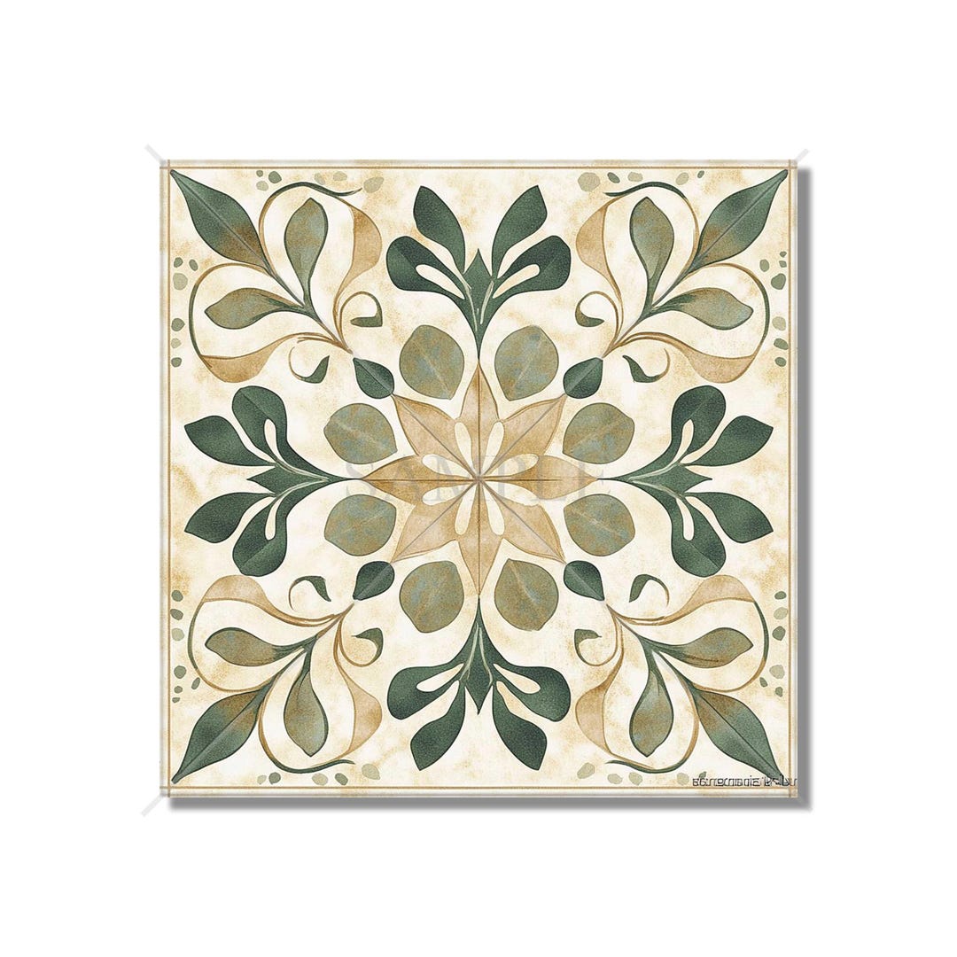 Green and Beige Botanical Ceramic Tile Patterned Kitchen Backsplash ...