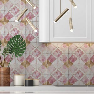 Pink Geometric Ceramic Tile Pink and White Kitchen Backsplash Tile ...