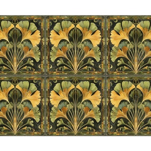 Vintage Art Nouveau Ceramic Tile Ginkgo Leaf Design Gold Green Kitchen ...