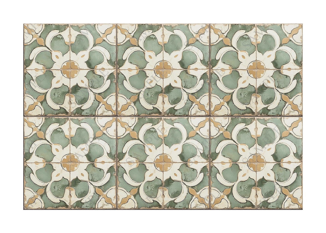 Antique Green Patterned Ceramic Tile - Green Kitchen Backsplash - Green ...