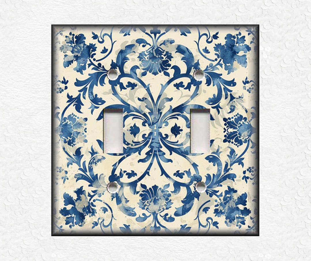 Blue and off White French Floral Design Metal Light Switch Plate Covers ...