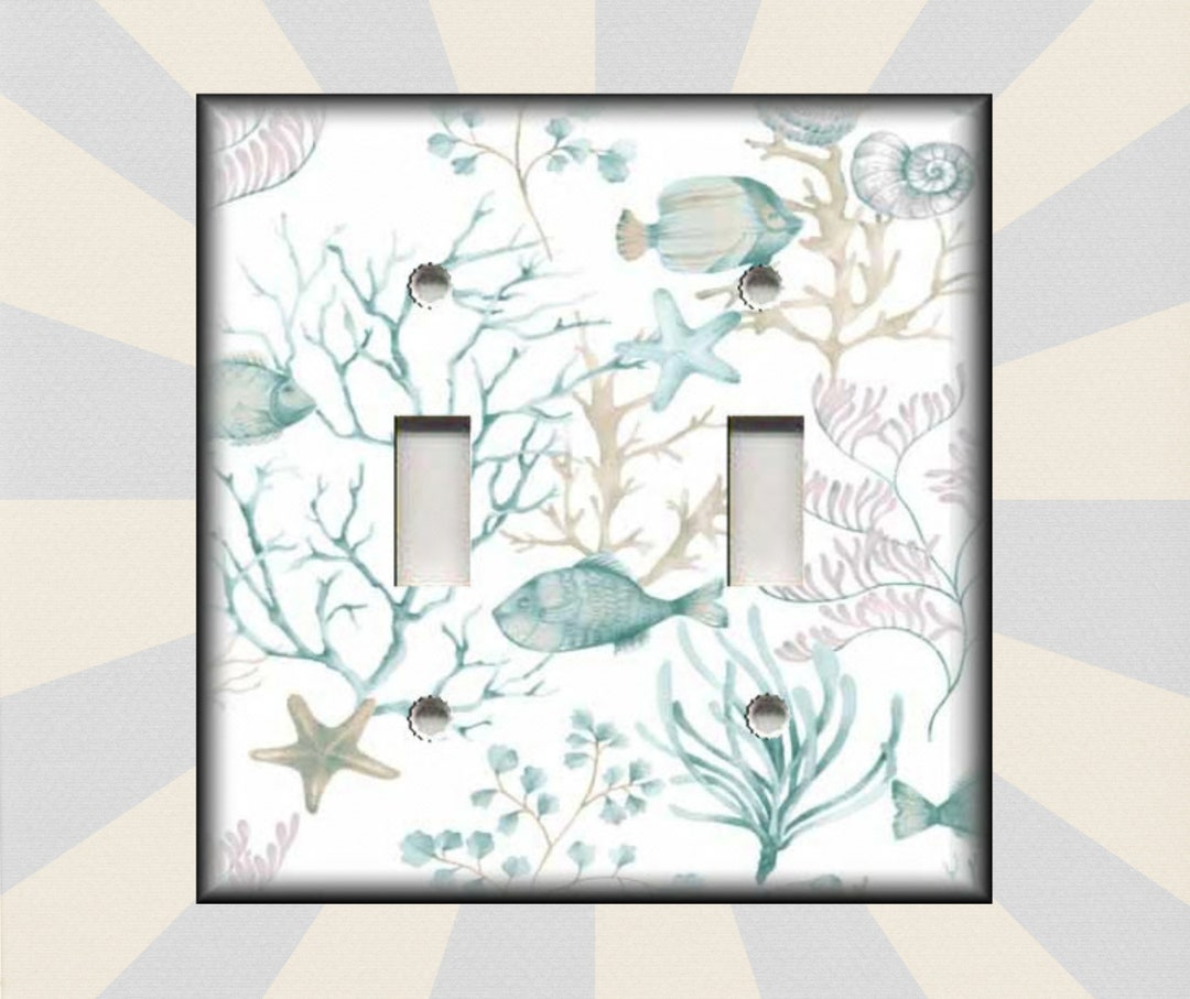 Beach Switch Plate - Teal and Tan Fish Coral Shells Beach Home Decor ...