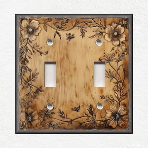 Brown Decorative Floral Wood Design - Metal Switch Plate Covers and Outlet Covers - Unique Light ...