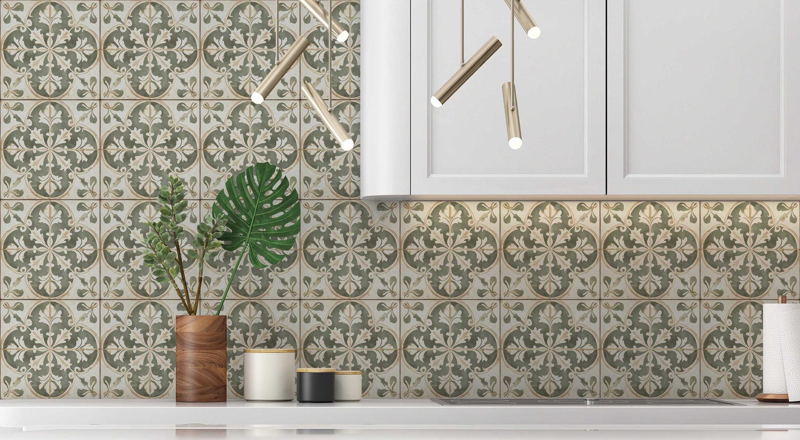Antique Green Patterned Ceramic Tile - Green Kitchen Backsplash - Green ...