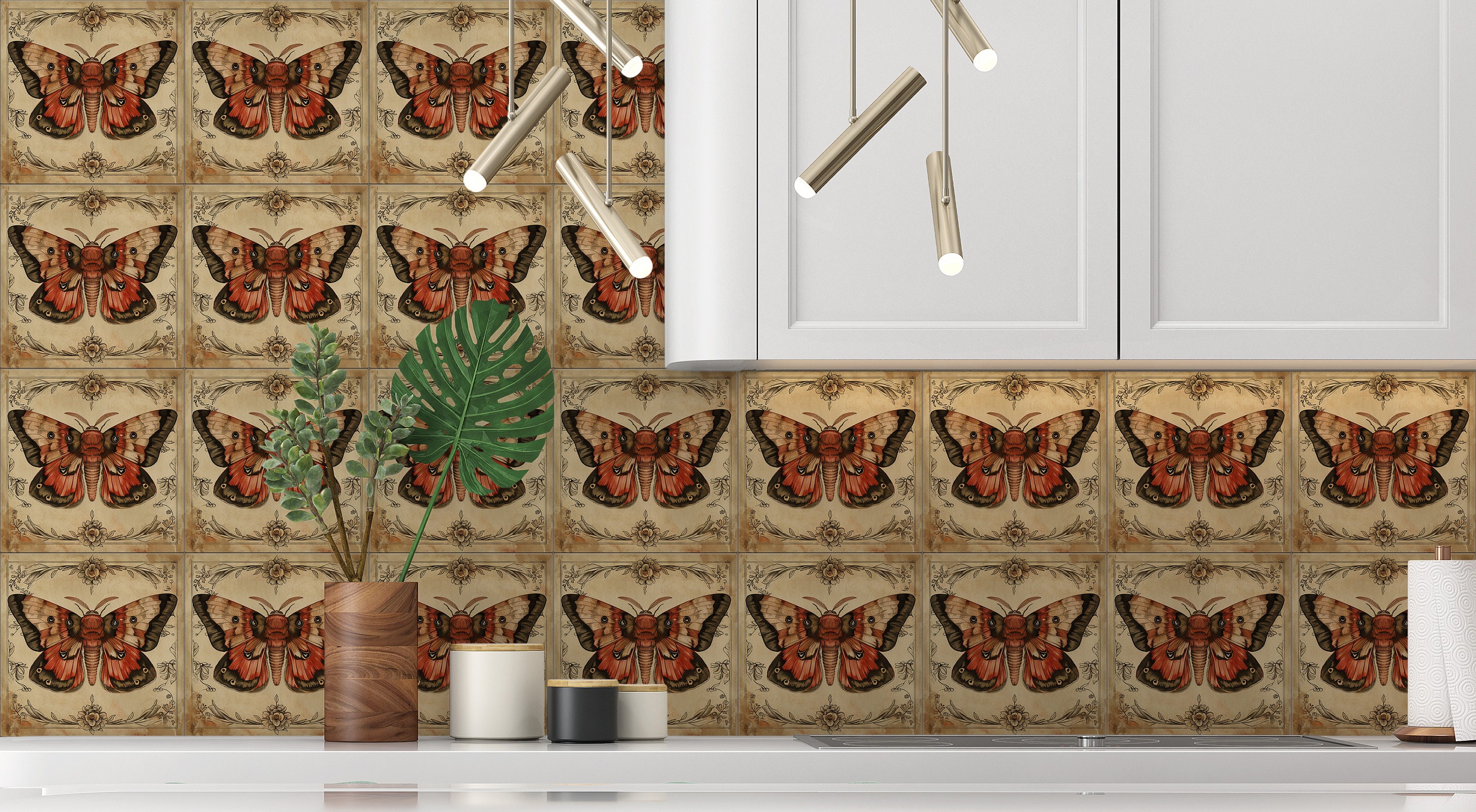 Vintage Botanical Moth Design Ceramic Tile - Kitchen Backsplash Tile ...