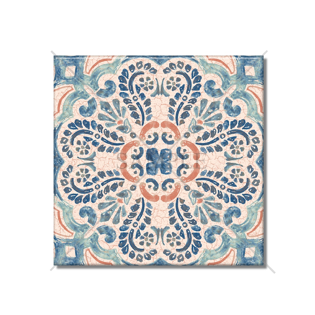 Blue and Coral Patterned Ceramic Tile - Multi Colored Vintage Design ...