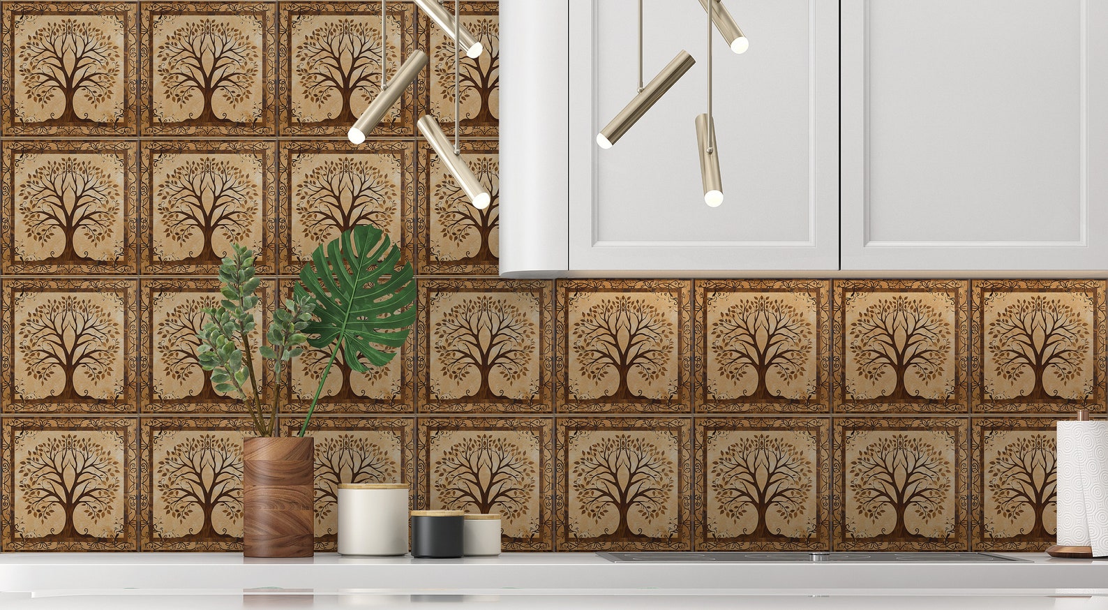 Tree of Life Design Ceramic Tile - Neutral Kitchen Backsplash - Tree ...