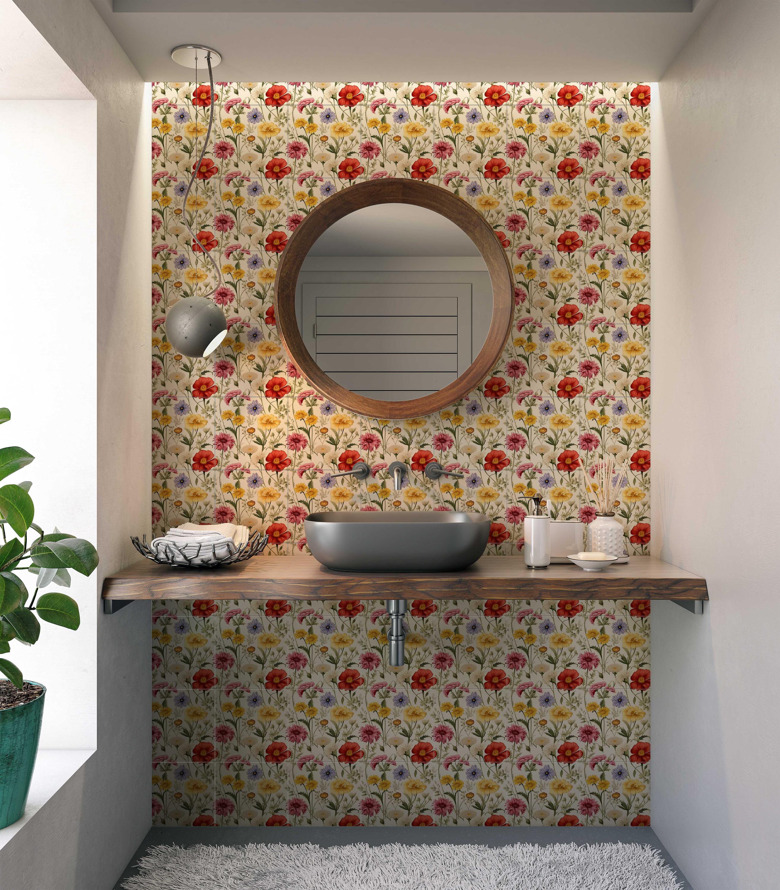 Botanical Floral Ceramic Tile - Kitchen Backsplash Tile - Bathroom Tile ...