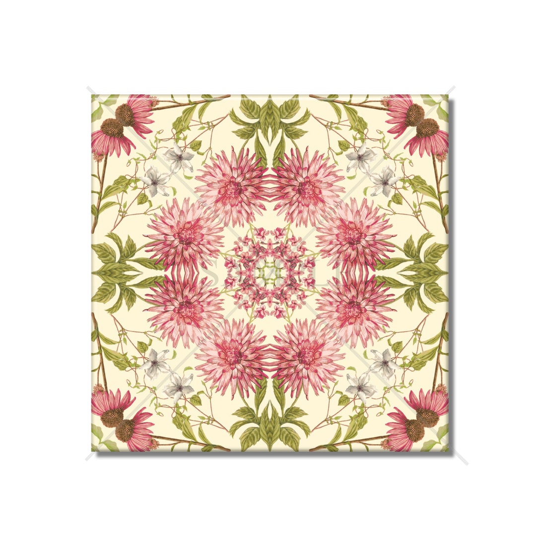 Vintage Botanical Floral Ceramic Tile - Pink Green Ceramic Tile ...